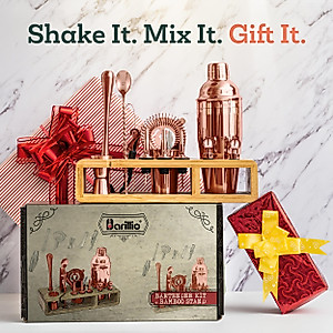 Copper Mixology Bartender Kit Cocktail Shaker Set by Barillio: Rose Gold Drink Mixer Set with Bar Tools, Muddler, Mixing Spoon, Jigger, Strainer, Sleek Bamboo Stand & Recipes Booklet