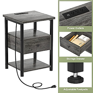 Ecoprsio Nightstand Set of 2, Nightstands with Charging Station, End Table Bedside Table with USB Port, Modern Nightstands with Drawers Storage Shelf, Wood Night Stands for Bedroom, Living Room, Grey