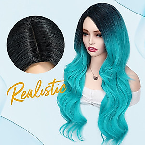 FAVE Ombre Bluish Green Wig Long Wavy Side Part Wig Heat Resistant Synthetic Hair Teal Blue Wig Mermaid Wigs for Women (Ombre Bluish Green)