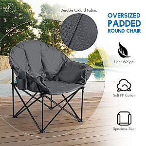 S AFSTAR Oversized Camping Chair, Cushion Padded Moon Round Saucer Chair w/Cup Holder & Carry Bag, Outdoor Leisure Chair, Portable Folding Camp Chair for Camping Fishing, Supports 300lbs (1, Grey)