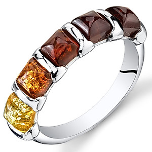 PEORA Genuine Baltic Amber Five-Stone Multicolor Half-Eternity Ring Band for Women in Sterling Silver, Comfort Fit, Size 6
