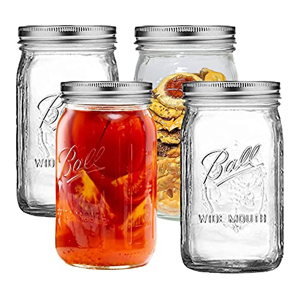 Wide Mouth Mason Jars 32 oz - (4 Pack) - Ball Wide Mouth 32-Ounces Quart Mason Jars With Airtight lids and Bands - Clear Glass Mason Jars For Storage, Canning, Fermenting, Overnight Oats, Cold Brew