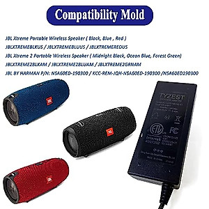 TYZEST 19V Charger for JBL Power Cord Replacement Adapter Compatible with Xtreme, Xtreme 2 Portable Wireless Bluetooth Speaker (Black, Blue, Red) 9.84Ft Extra Long Power Supply Cord Ac Adapter