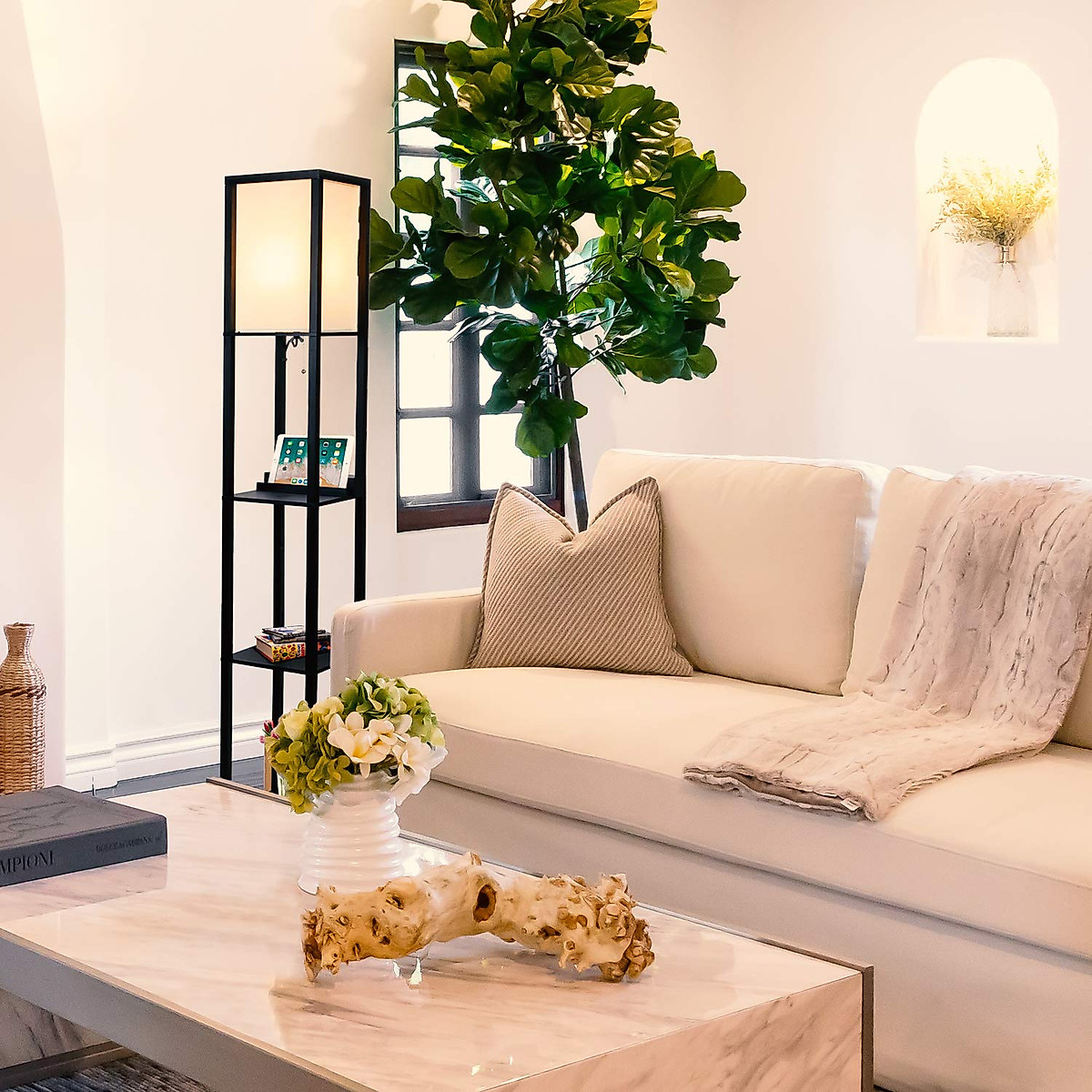 Brightech Maxwell – Modern Shelf Floor Lamp with USB Ports, Wireless Charging Station & Outlet – Living Room and Office Corner Display Floor Lamps with Shelves – Fits on Bedroom Nightstands – Black