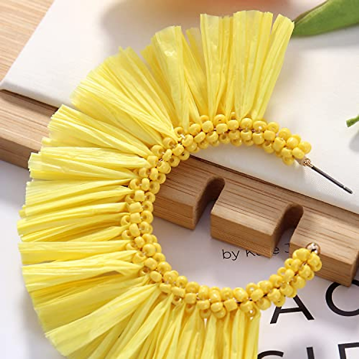 Raffia Hoop Drop Earrings for Women - Geometric C Shape Colorful Handmade Earrings, Bohemian Dangle Earrings(ER1200-Yellow)