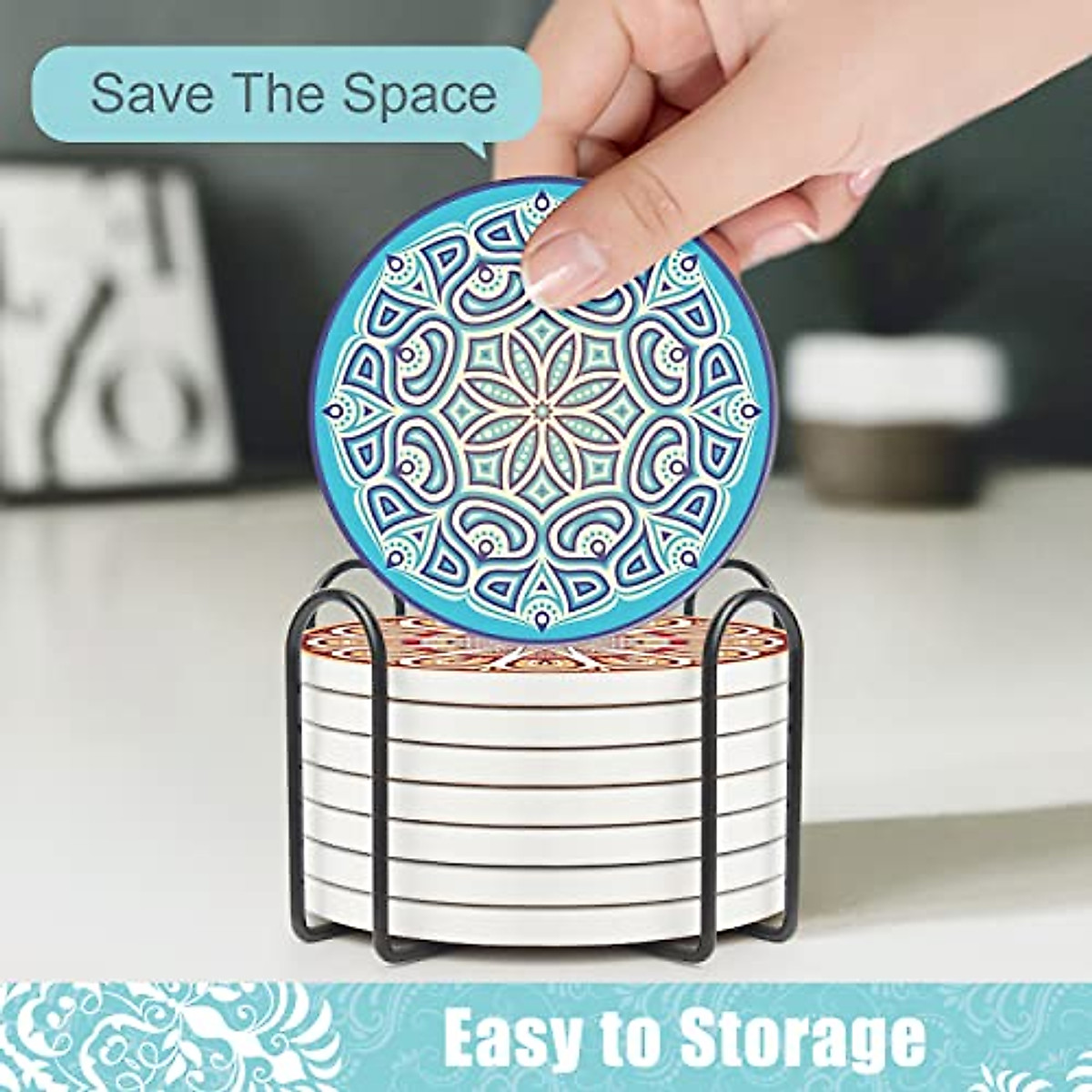 Teivio Absorbing Stone Mandala Ceramic Coasters for Drinks Cork Base with Holder, for Friends Funny Birthday Housewarming Apartment Kitchen Bar Decor, Suitable for Wooden Table, Coffee Table, Set of 8