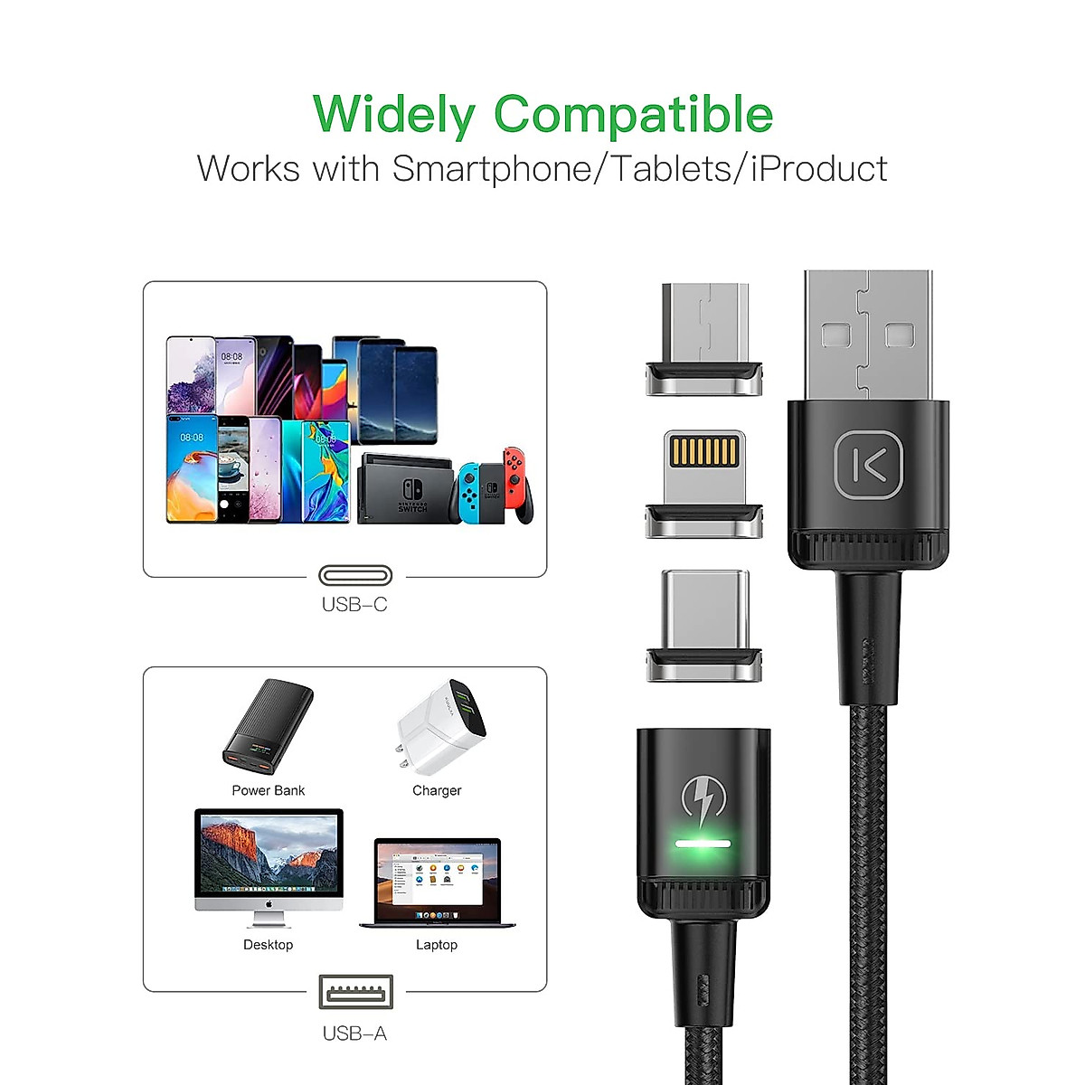 Kuulaa Magnetic Charging Cable Magnetic Phone Charger 2Pack 3A Fast Charging Cable Support Data Transfer 3 in 1 USB Magnetic Charger Cable for iPhone/Micro USB/Type C Device (6ft+6ft)