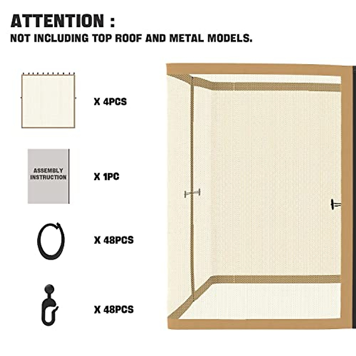 Aoodor Universal 12' x 12' Gazebo Netting Screen Replacement 4-Panel Sidewalls for Patio (Only Netting)