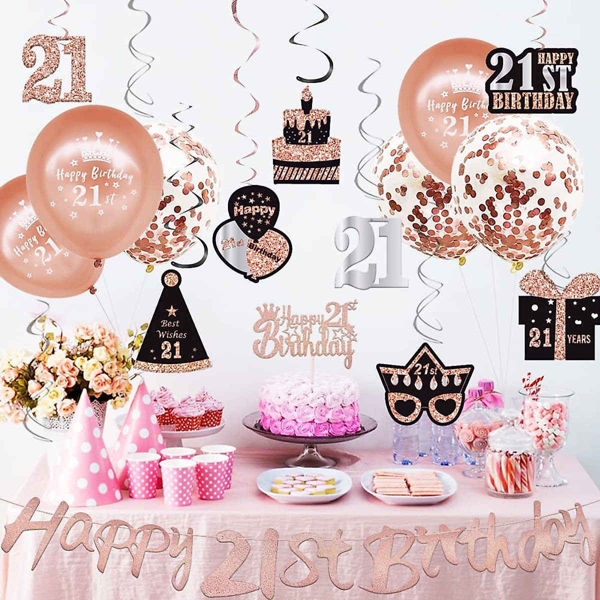 WOJOGO 21st Birthday Decorations For Her, Rose Gold & Black 21 Birthday Decorations Including 21st Birthday Banner Hanging Swirls Cake Topper Balloons for Party Supplies