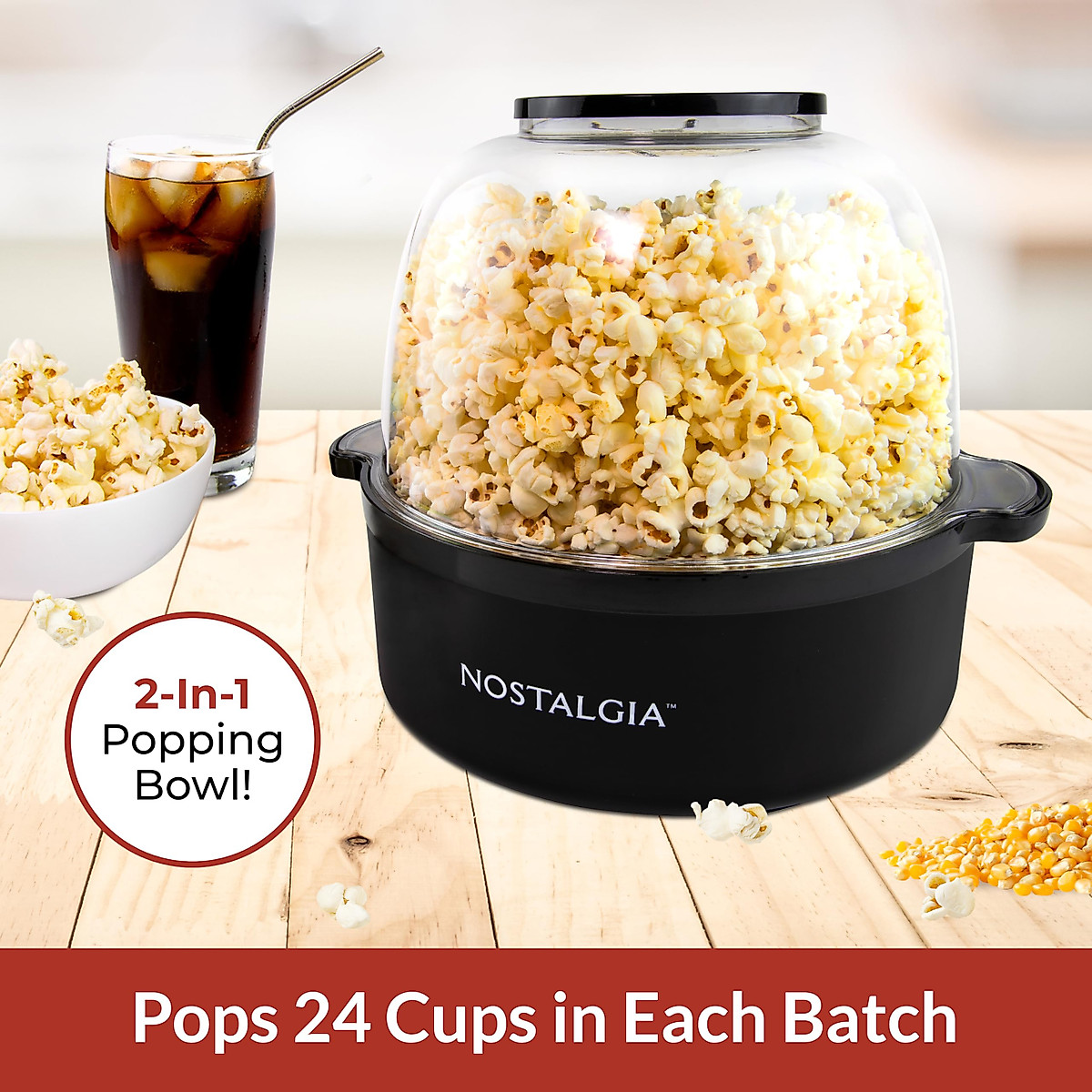 Nostalgia 6-Quart Stirring Popcorn Popper With Quick-Heat Technology, Makes 24 Cups of Popcorn, Kernel Measuring Cup, Oil Free, Makes Roasted Nuts, Perfect for Birthday Parties, Black