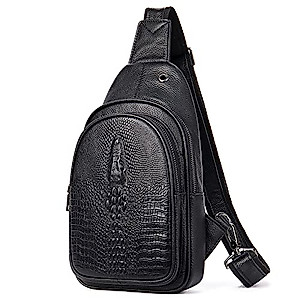 NIUCUNZH Crocodile Leather Sling Bag with Leather Strap, 3 Zipper Crossbody Shoulder Bags for Travel Hike Everyday Carry Black