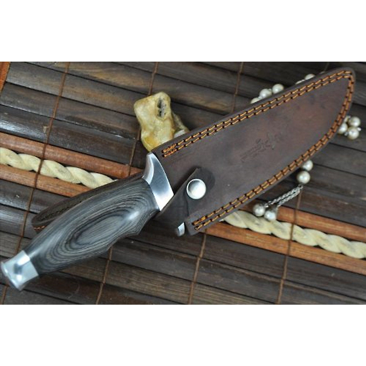 Perkin Damascus Steel Hunting Knife with Leather Sheath
