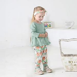 Kulcerry Toddler Baby Girl Clothes Solid Color Long Sleeve Ruffle Tops Floral Pants Headband Outfits Set (9-12 Months, Green