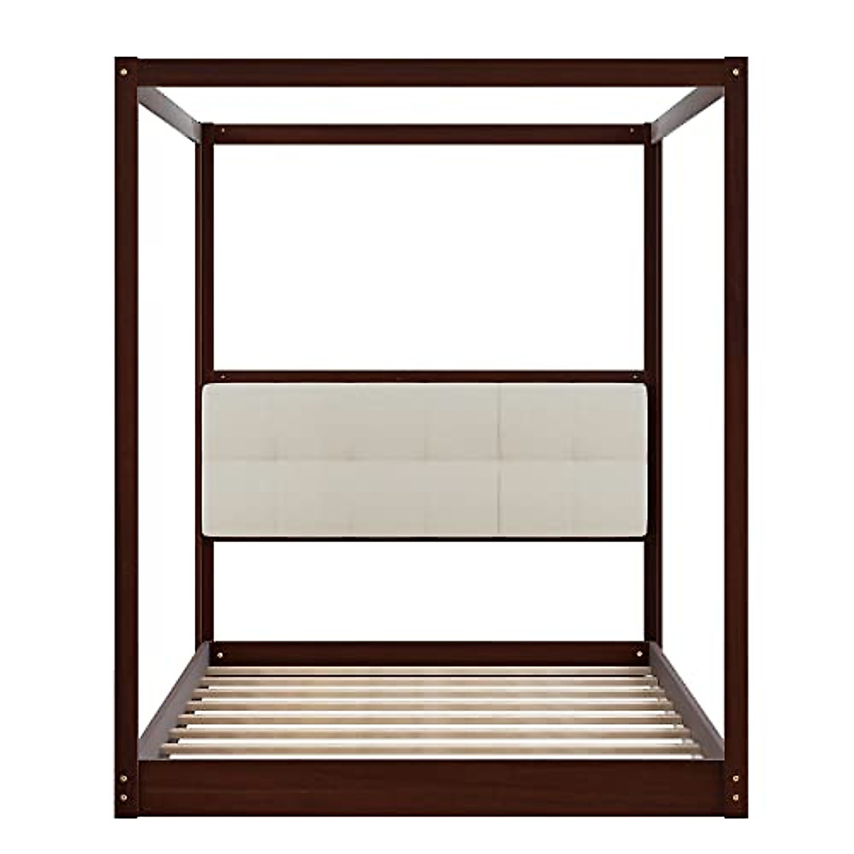 HAUSHECK Queen Size Canopy Bed with Upholstered Headboard, Four-Poster Queen Canopy Platform Bed Frame, Wood Floor Bed Frame with Sturdy Wooden Slatted Structure, No Box Spring Needed, Easy Assembly