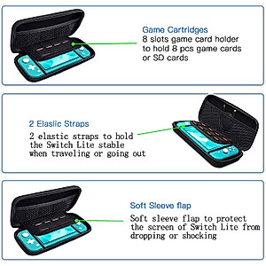 Accessories Kit for Nintendo Switch Lite - YOOWA Accessories Bundle with Carrying Case Protective Cover case and 2-Pack Tempered Glass Screen Protector, Adjustable Play Stand, 6 Thumb Grips