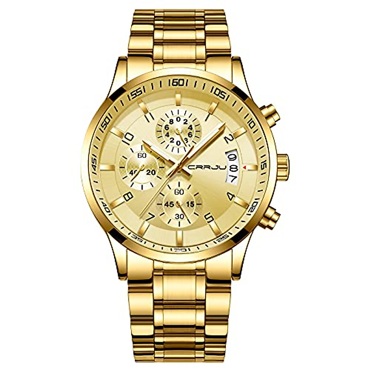 CRRJU Men's Golden Watches Luxury Business Waterproof Calendar Quartz Watches for Men Chronograph Stainless Steel Band Wristwatches