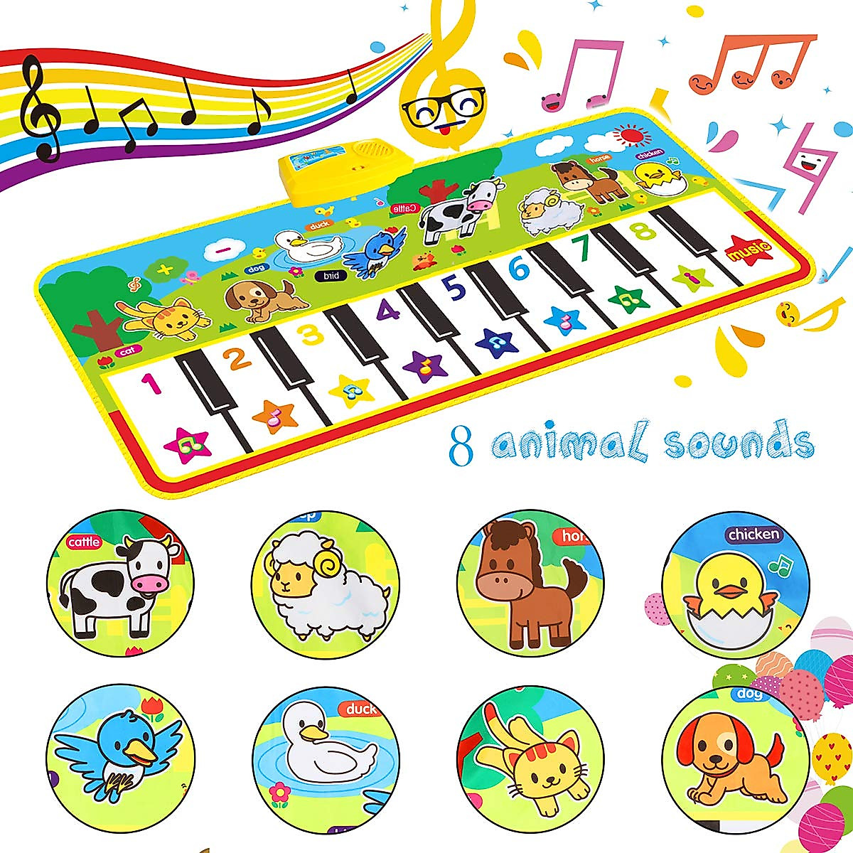WOSTOO Piano Mat, Musical Piano Mat Keyboard Play Mat Portable Musical Blanket Instrument Toy with 8 Animal Sounds Dance Mat Educational Toy Gift for Kids Toddler Girls Boys