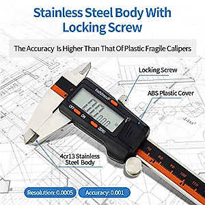 TYTURE Digital Calipers 6 inch Caliper Measuring Tool with Stainless Steel Body Auto Off Featured Vernier Caliper