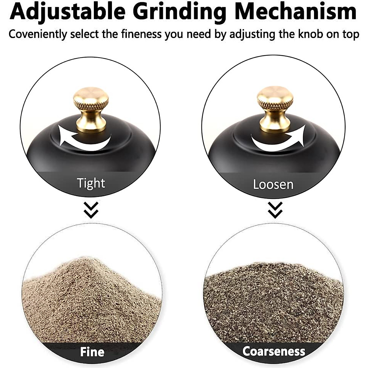 Black Pepper Mill or Salt Grinder Refillable, Adjustable Coarseness Wooden Salt Grinder with Ceramic Grinding Mechanism for Home, Kitchen, Barbecue, Party-8 inch (Black+ Gold)