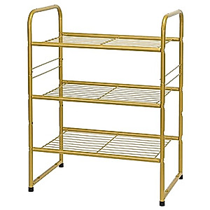wkokos 3-Tier Small Shoe Rack, Stackable Narrow Shoe Shelf Storage Organizer, Heavy Duty Metal Free Standing Shoe Rack for Entryway Closet Doorway, Gold
