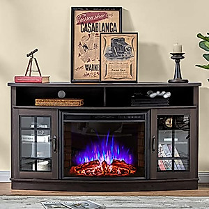 AMERLIFE Curved Fireplace TV Stand with 26" Curved Electric Fireplace, Media Entertainment Center Farmhouse Glass Door Storage Cabinet, Open Shelve Console Table for TVs up to 65", Espresso