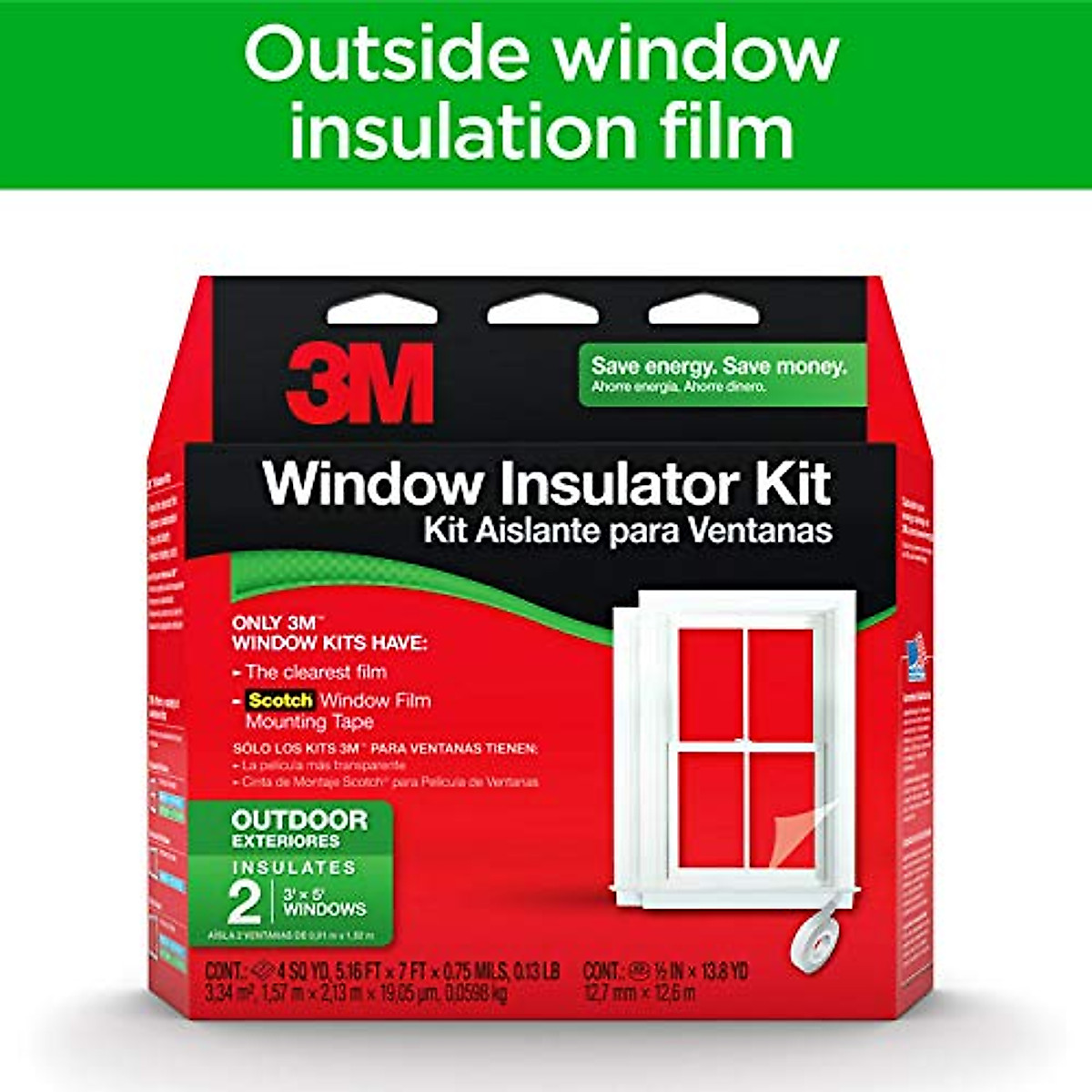 3M Outdoor Window Insulation Kit, Clear Window Film for Heat and Cold, 5.16 ft. x 7 ft., Covers Two 3 ft. x 5 ft. Windows