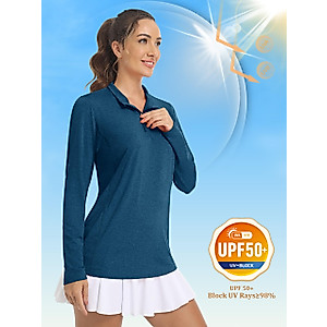 MAGCOMSEN Women's Shirts Long Sleeve 1/4 Zip UPF50+ Sun Protection Quick Dry Hiking Workout Athletic Shirt Dark Blue M