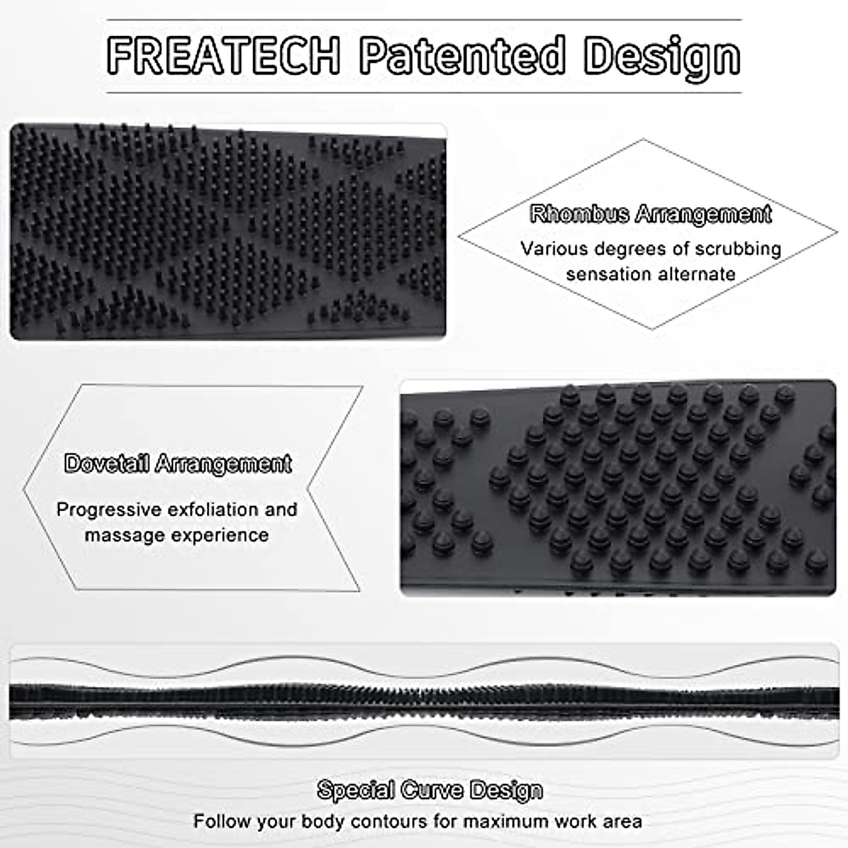 FREATECH Exfoliating Silicone Back Scrubber - 38" Dual-sided Shower Back Washer for Deep Cleansing and Massage, Cover the Entire Back, Smooth & Rejuvenate Skin, Easy to Clean and Long-lasting, Black