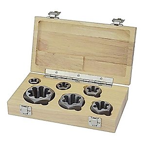Drill America - DWTHXNPT-Set 6 Piece NPT Pipe Die Set, 1/8", 1/4", 3/8", 1/2", 3/4" and 1", Rethreading, Carbon Steel, Wooden Case