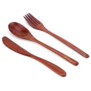 Portable Wooden Cutlery Set Spoon Fork Knife Wood Flatware Dinnerware Tableware With Bag Portable Wooden Cutlery Set