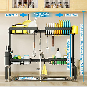 SNSLXH Four Baskets (one More Than Others) Large Sink Rack, 24.8"-35.4",Over The Sink Dish Drying Rack, Two-Tier Large Sink Rack for Kitchen, Retractable and Adjustable, Saving Kitchen Space