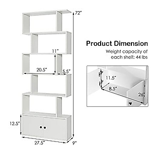Tangkula S Shaped Bookshelf with Cabinet, 6-Tier Bookcase with Doors, Freestanding Geometric Bookshelves for Living Room, Anti-toppling Device, Home Office Décor Wooden Storage Display Shelf