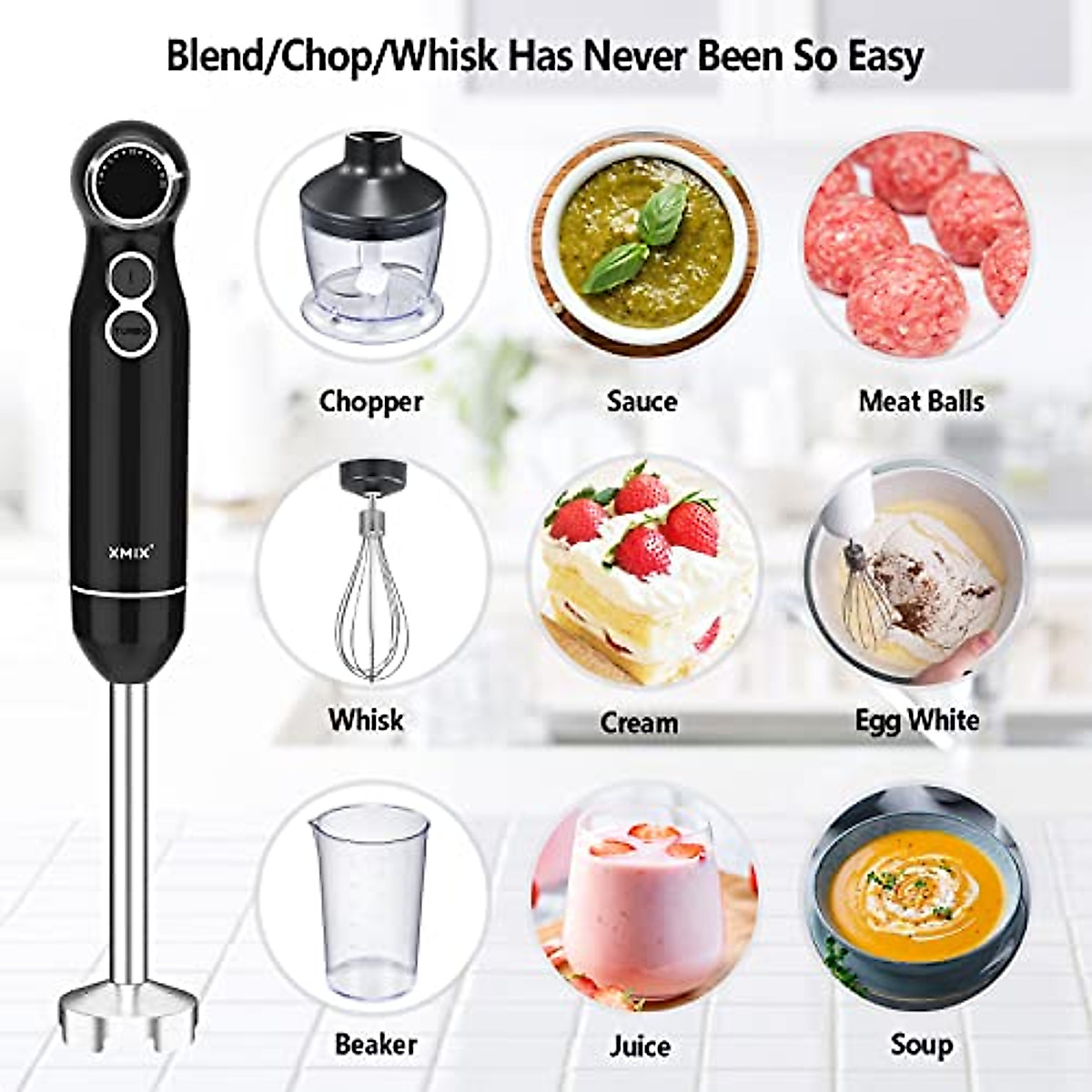 Immersion Blender XMIX, 4-in-1 Immersion Hand Blender 20 Speed & Turbo, Electric Stick Blender Stainless Steel with Beaker, Whisk, Chopper for Baby Food, Soup Blender Handheld