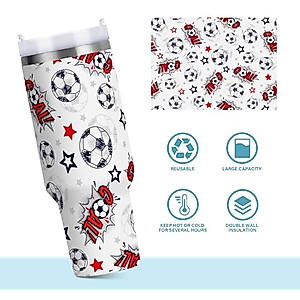 ARGTILDN 30 oz Tumbler Football Game Soccer Insulated Travel Mug with Handle and Straw Lid Stainless Steel Vacuum Coffee Cup Tea Beverage Container Water Bottles for Car Sports office