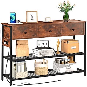 Yoobure Console Table with 3 Drawers, 47" Entryway Table with Storage Shelves, Narrow Long Sofa Table with Outlets & USB Ports, 3-Tier Entry Table, Couch Table for Living Room, Hallway, Foyer, Hall
