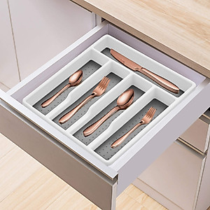 E-far Silverware Tray for Drawer, Small Plastic Utensil Tray Drawer Organizer, 5 Compartment Flatware Cutlery Holder/Divider, White with Gray Non-slip Rubber Grips, 12.6 x 11.4-Inch