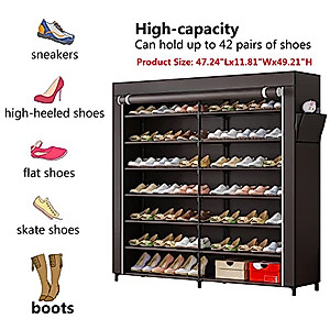 LINZINAR Shoe Rack Storage Organizer 42 Pairs Portable Double Row with Nonwoven Fabric Cover Shoe Cabinet for Closet (7 Tier, Coffee)