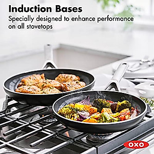 OXO Agility Series 9.5" and 11” Frying Pan Skillet Set, Ceramic Nonstick Cookware PFAS-Free Induction Suitable Quick Even Heating, Stainless Steel Handle, Chip-Free Rims Dishwasher and Oven Safe Black