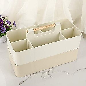 BTSKY Stackable Plastic Portable Storage Organizer Utility Caddy Tote,Divided Craft Storage Organizer Basket Bin with Wooden Handle for Craft, Sewing, Art Supplies, Office Supplies Beige White