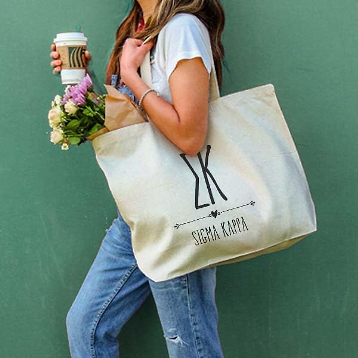 Greek Letters and Stylized Sigma Kappa Printed with Heart Design - Large Canvas Tote Bag for Women - Tote Bags for Sorority