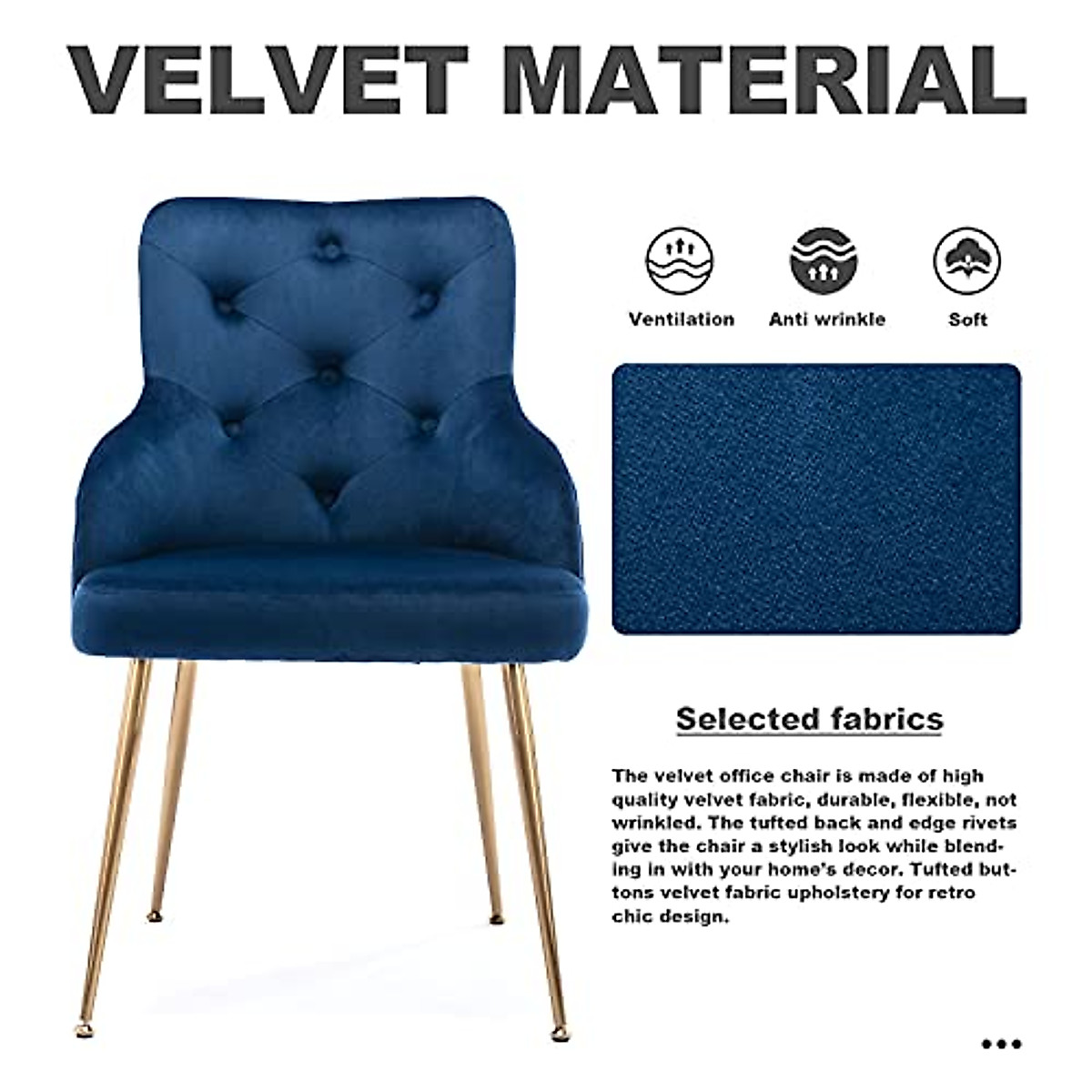 FCQuality Velvet Vanity Chair with Tufted Back Gold Metal Legs Dining Chair Mid Century Modern Upholstered Accent Desk Chair for Living Room Home Office Bedroom, Cobalt/Royal Blue