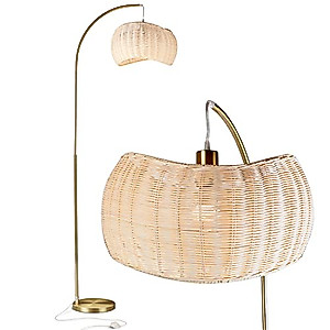 Brightech Wave Arched Floor Lamp – Unique Hanging Wicker Shade for Living Rooms – Rattan Style Matches Boho and Other Décor – Arcs Over Sofas and Dining Tables for Compliments - Brass
