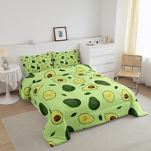 Manfei Fruits Theme Comforter Set Twin Size, Green Avocado Bedding Set 2pcs for Kids Boys Girls Room Decor, Plaid Grid Print Quilt Set with 1 Pillowcase