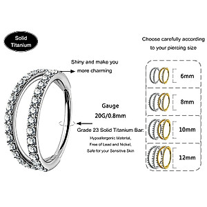 OUFER Nose Rings Hoops, 20G G23 Solid Titanium Nose Piercings, Double Row Diamonds Hoop Nose Ring, Double Nose Ring for Single Piercing, Conch Helix Daith Lip Piercing Jewelry-Silver 8MM