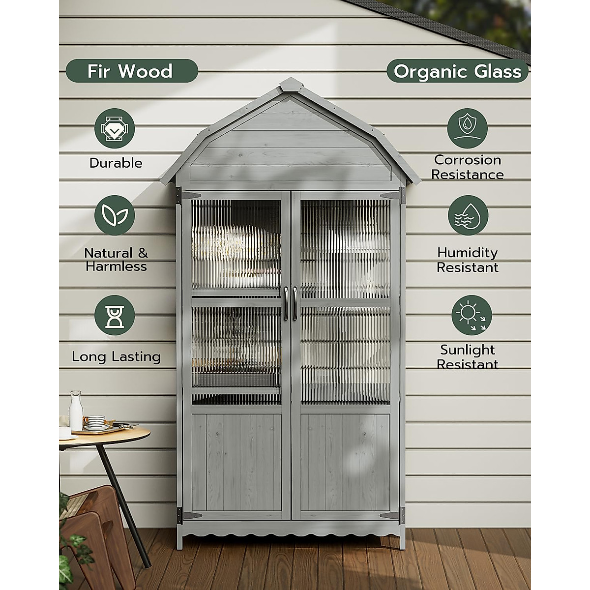 AOVSA Wooden Outdoor Storage Cabinet, 71" Weatherproof Garden Shed with Shelves, Waterproof Roof, Tool Storage for Patio/Backyard/Pool/Lawn (Gray)