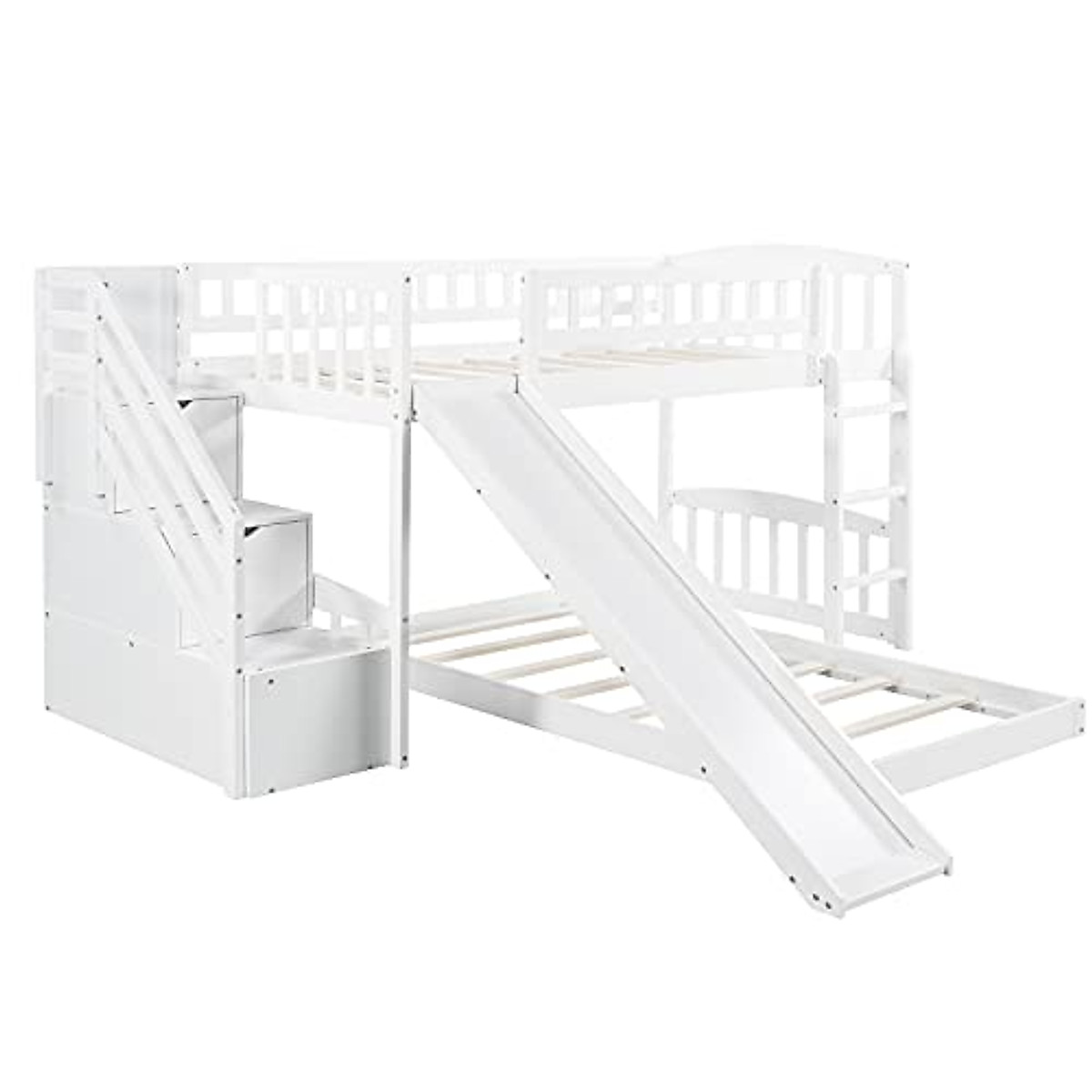 Bunk Beds with Slide Twin Over Twin Low Bunk Bed Frame with Storage Drawers Stairway Wood Bunk Bed for Kids Boys Girls, White