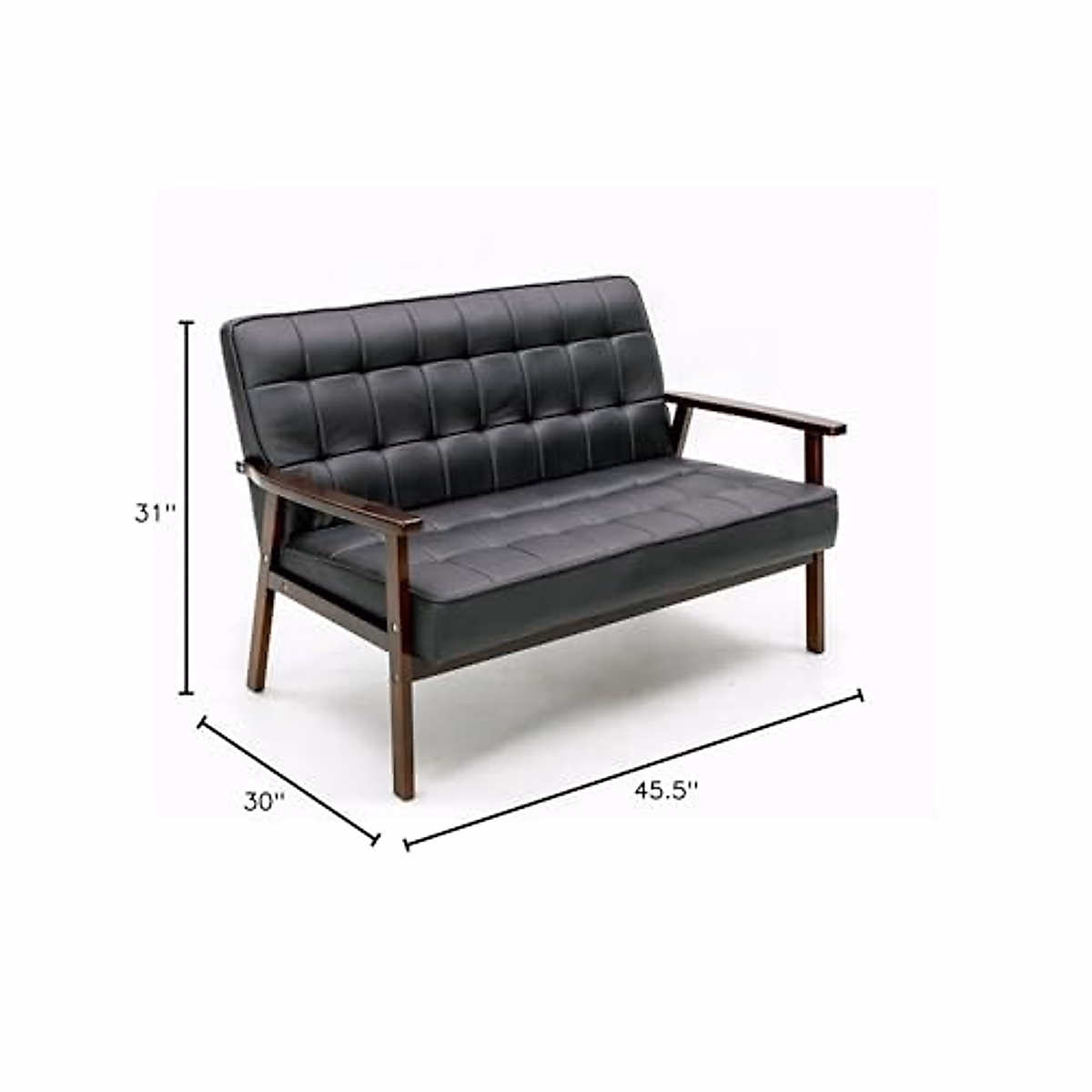 Panana 2 Seats Loveseat Sofa Couch Living Room Wood Frame Furniture, 2 Seater Sofa Armchair Two Seat Sofa Chair, Black Artificial Leather Upholstered Wooden Armrest Love Seats Small Sofa