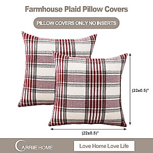 CARRIE HOME Red Christmas Buffalo Plaid Pillow Covers 22x22 Set of 2 Farmhouse Plaid Decorative Throw Pillow Covers 22 x 22 for Living Room Couch Sofa