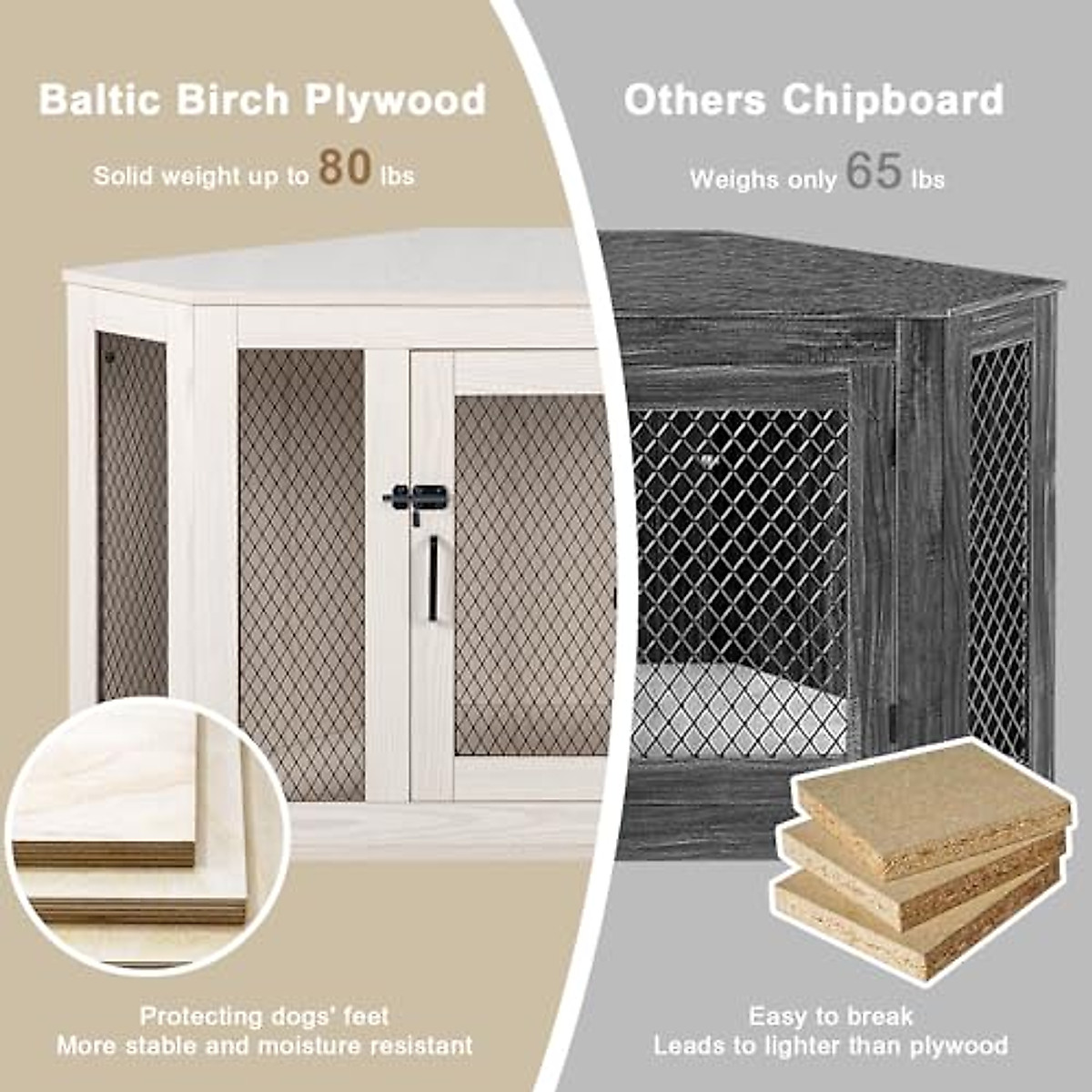 VITESSE Corner Dog Crate 44/52inch, Wooden Dog Crate Furniture for Medium Dogs, Durable Dog Kennel Indoor End Table, Decorative Puppy Kennel with Sturdy Mesh, Heavy-Duty Pet House with Portable Switch