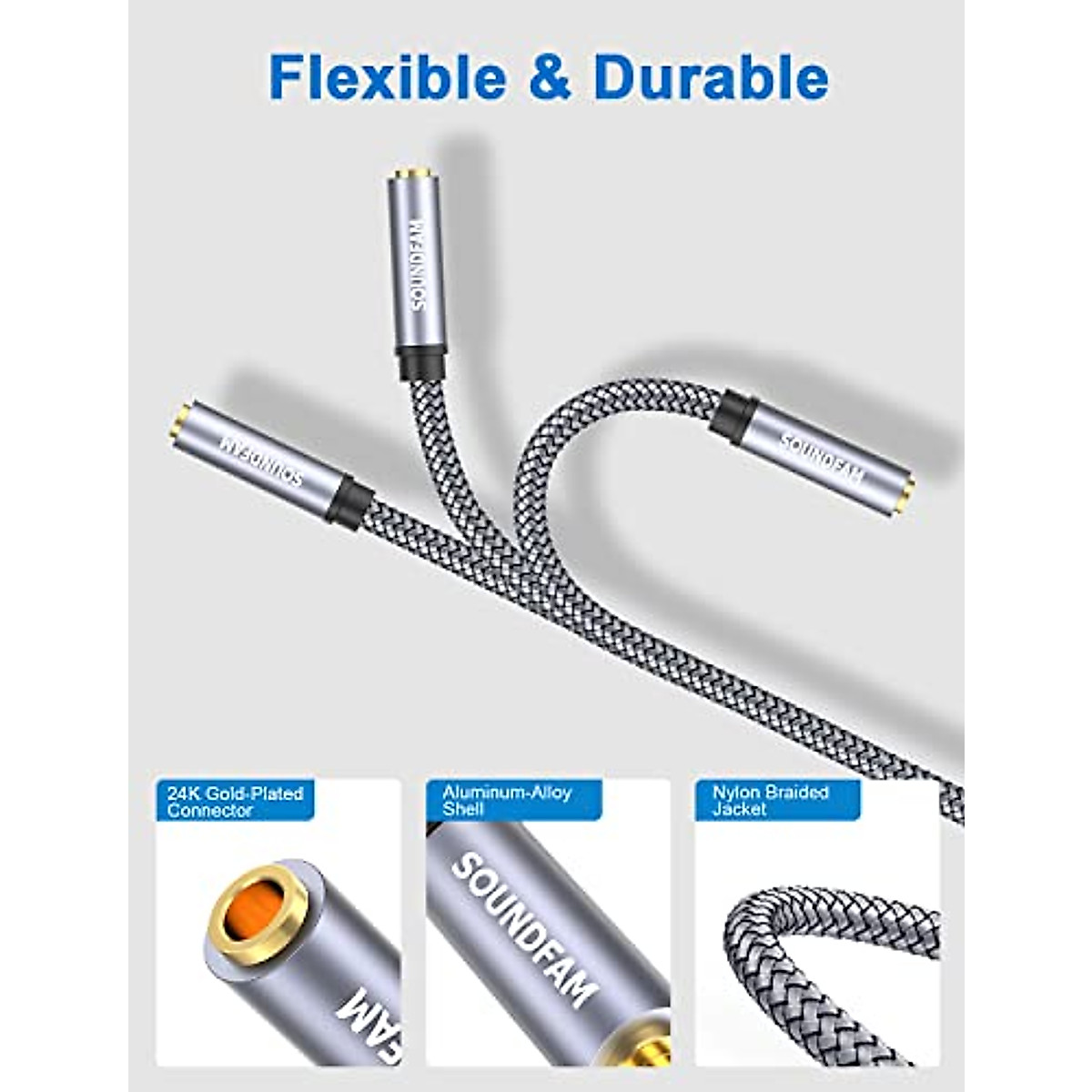 SOUNDFAM Headphone Extension Cable[6.6 Feet/2M] TRRS 3.5mm Audio Cable Male to Female AUX Cable Nylon-Braided Stereo Extension Cord Adapter Support Mic Function for Smartphone Tablets-Grey